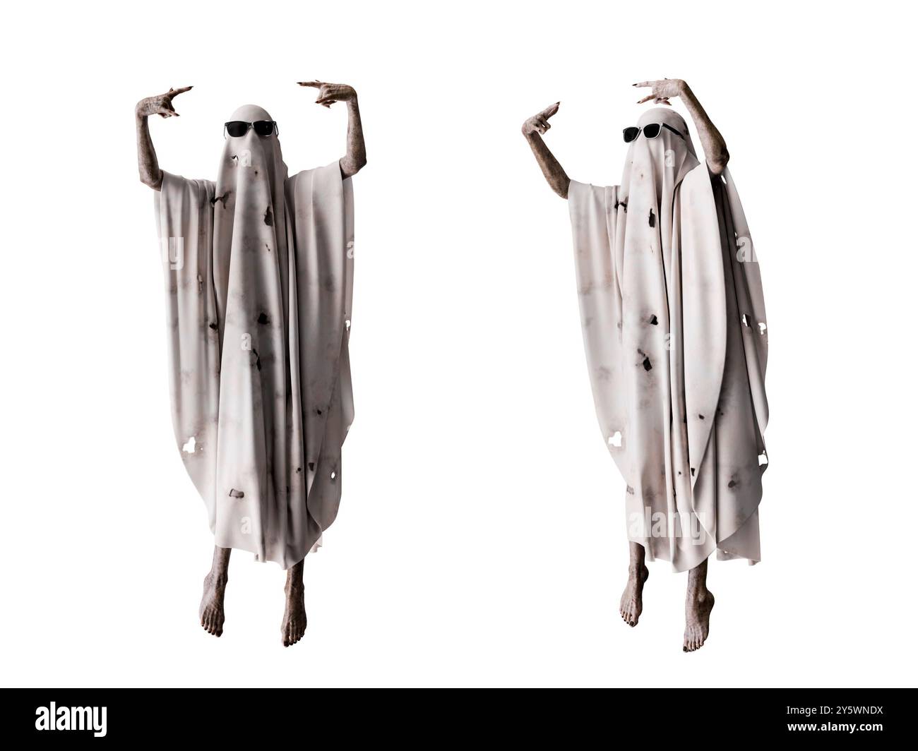 Spooky halloween ghost wearing sunglasses posing with rock gesture ...