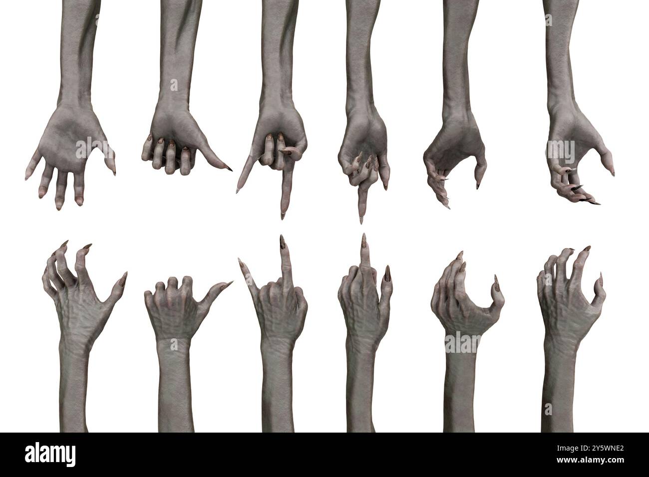 Collection of hands of zombies in various poses and angles for halloween. Isolated on white. 3d ...