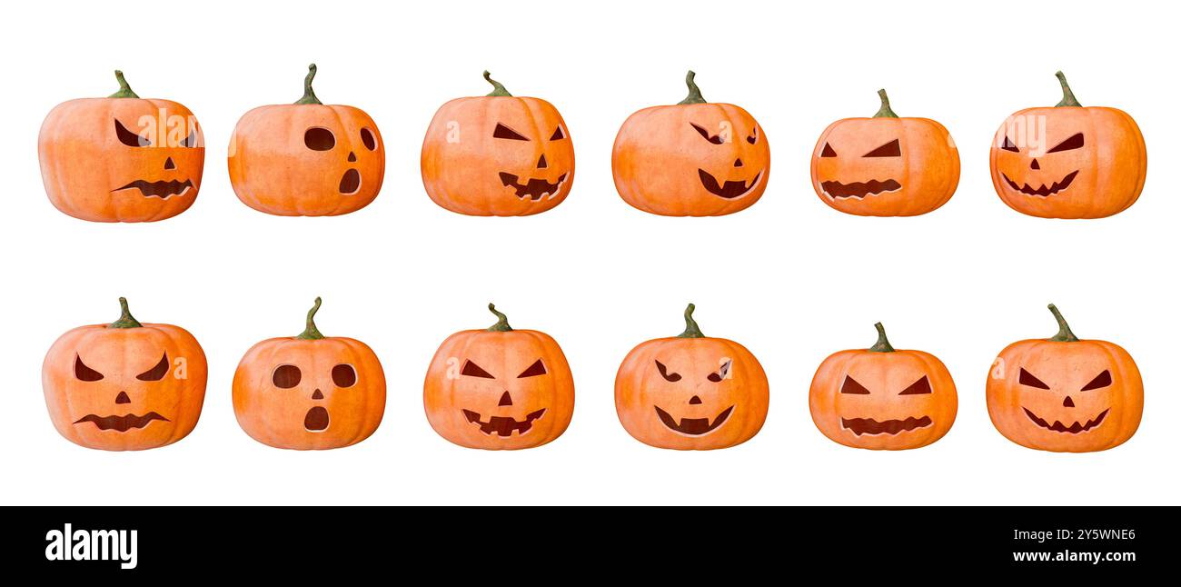 Halloween pumpkin set with various carved faces and viewing angles ...