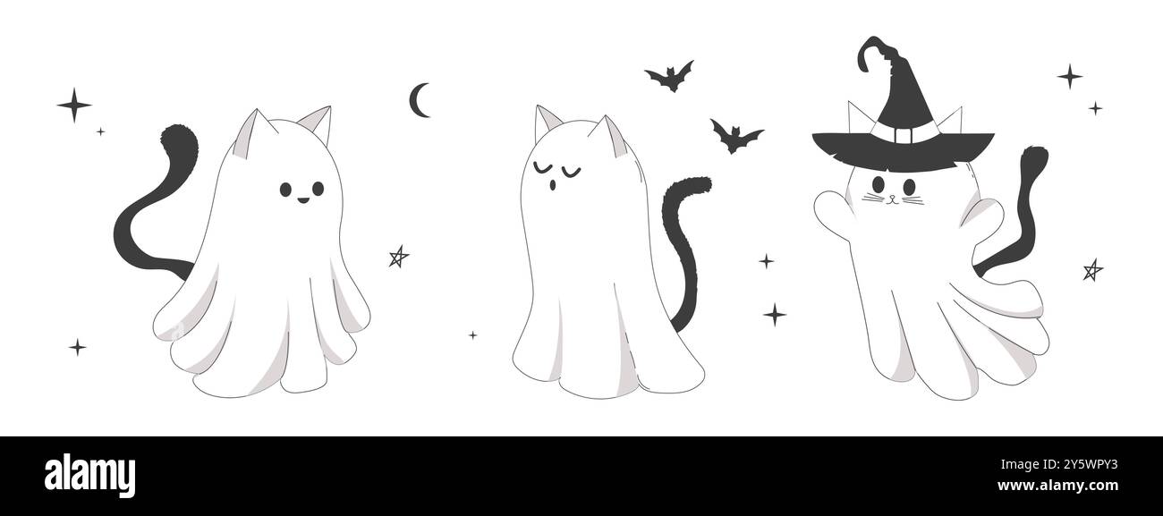 Set Halloween ghost cats with witch hat, cute doodle characters in ...