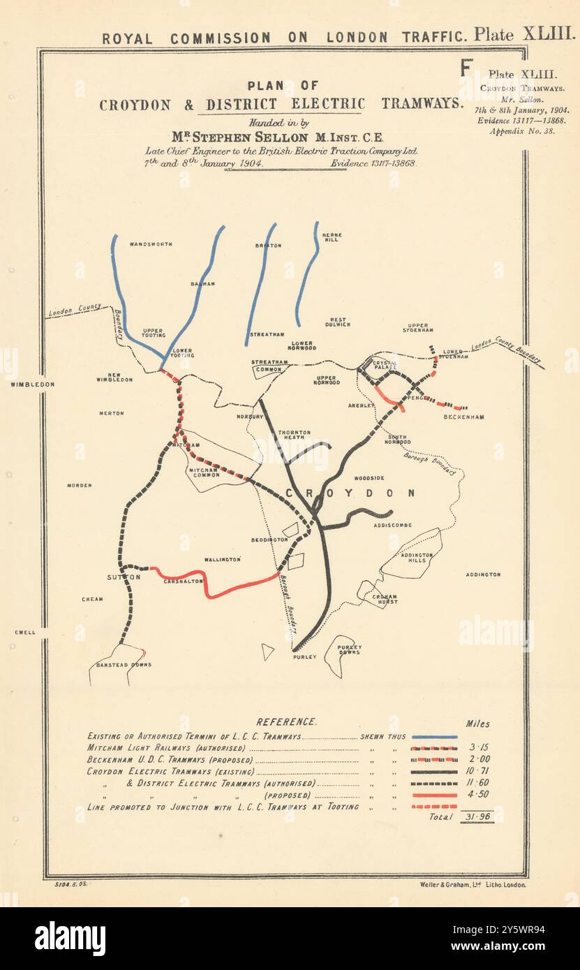 Plan of the Croydon and District Electric Tramways 1906 old antique map ...