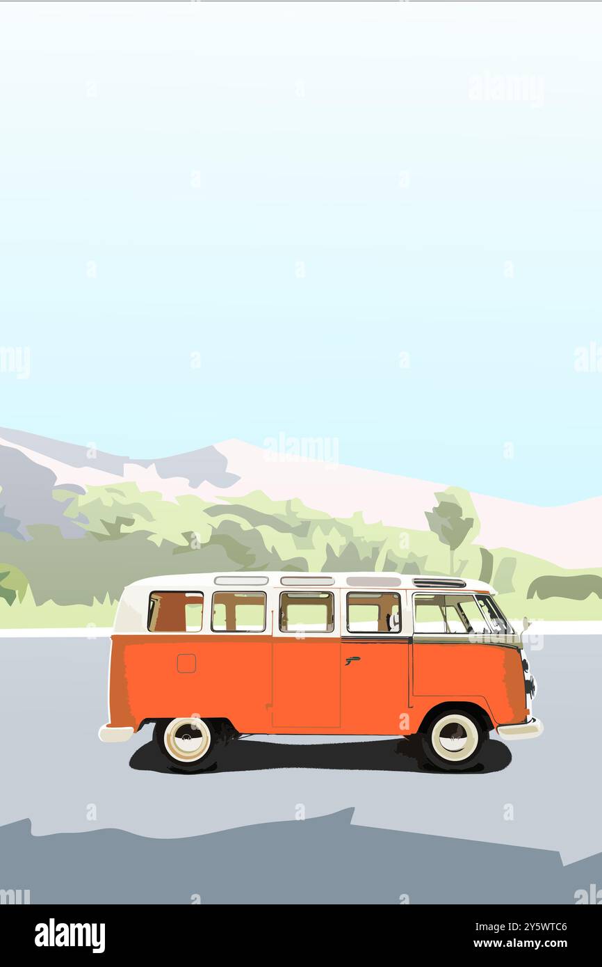 Vertical llustration of a 60's style minivan traveling on a road with a ...
