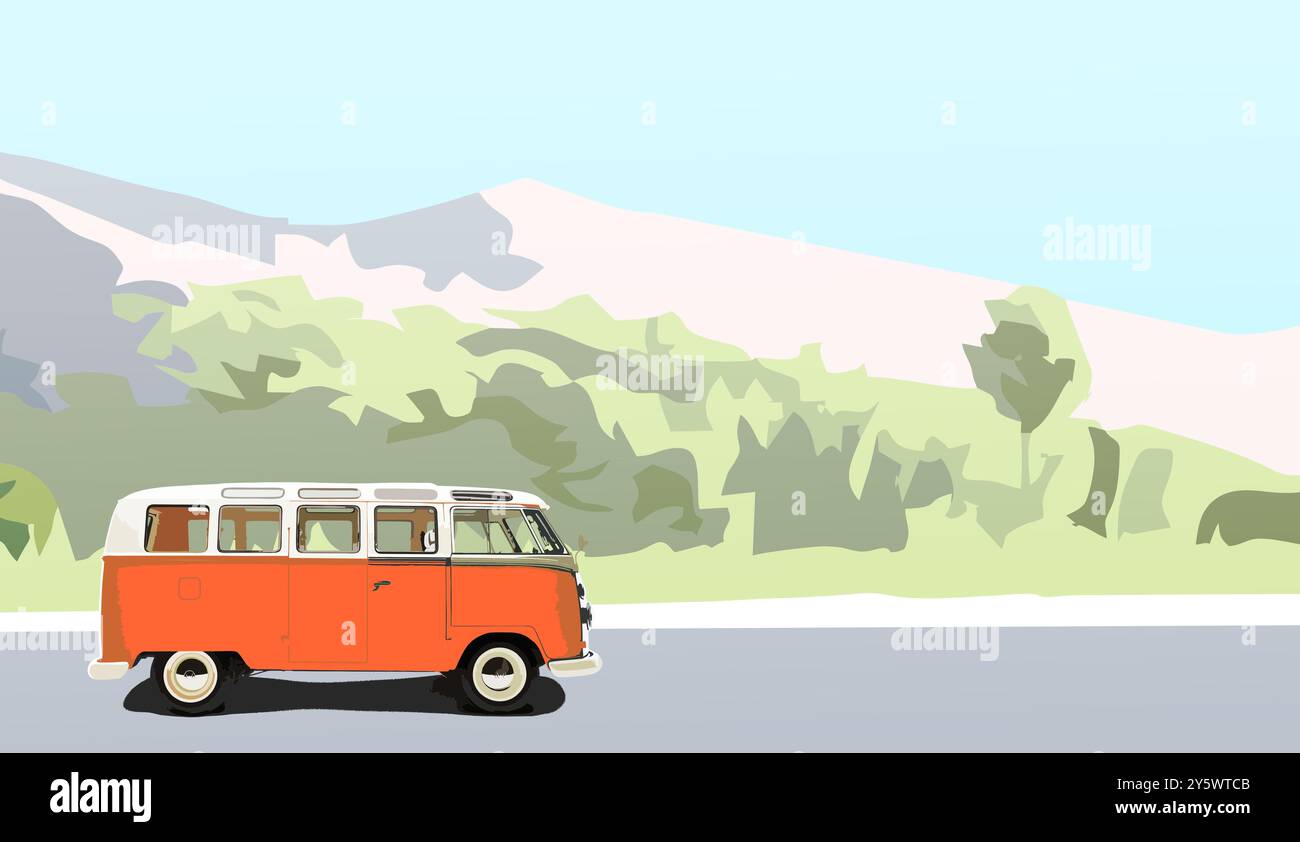 Horizontal llustration of a 60's style minivan traveling on a road with ...
