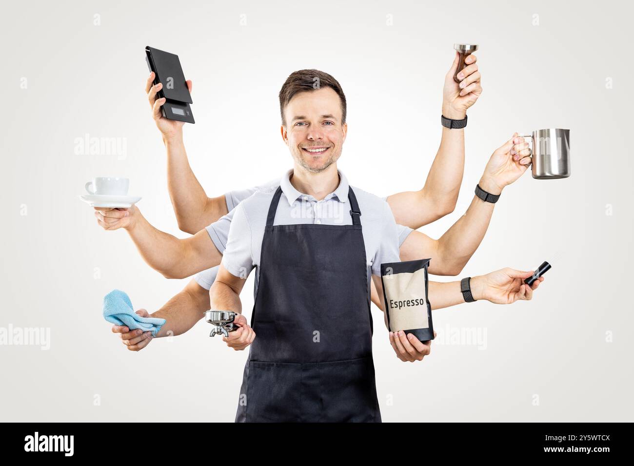 Barista with Multiple Arms Holding Espresso Equipment Stock Photo - Alamy