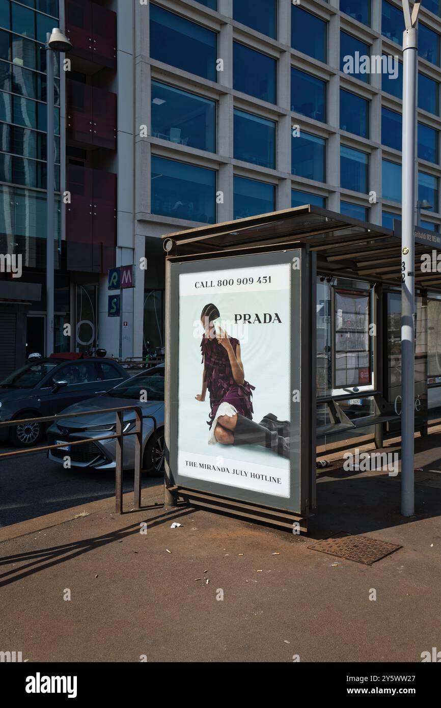 Prada billboard display at the tram stop, Milano, Italy fall 2024 Stock ...