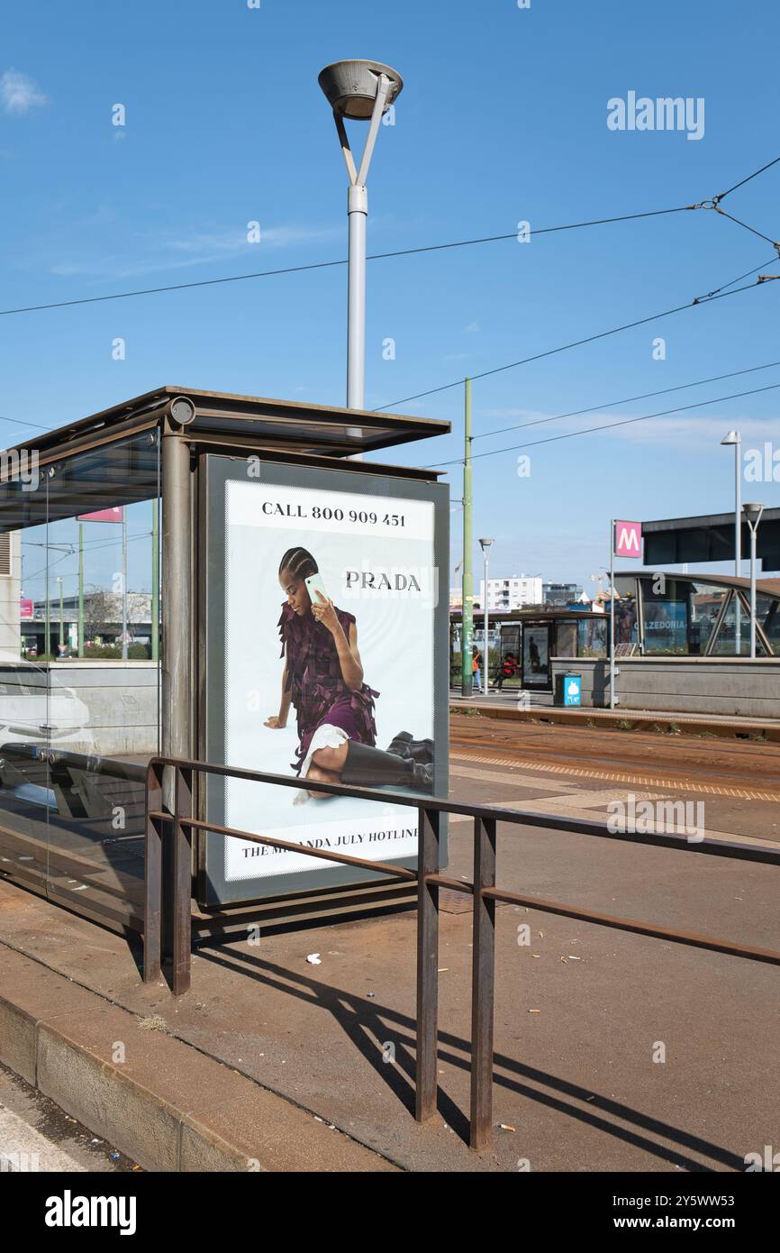 Prada billboard display at the tram stop, Milano, Italy fall 2024 Stock ...