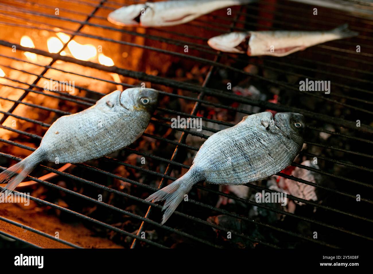 Two fish being grilled on a wire mesh over a flaming grill Stock Photo ...