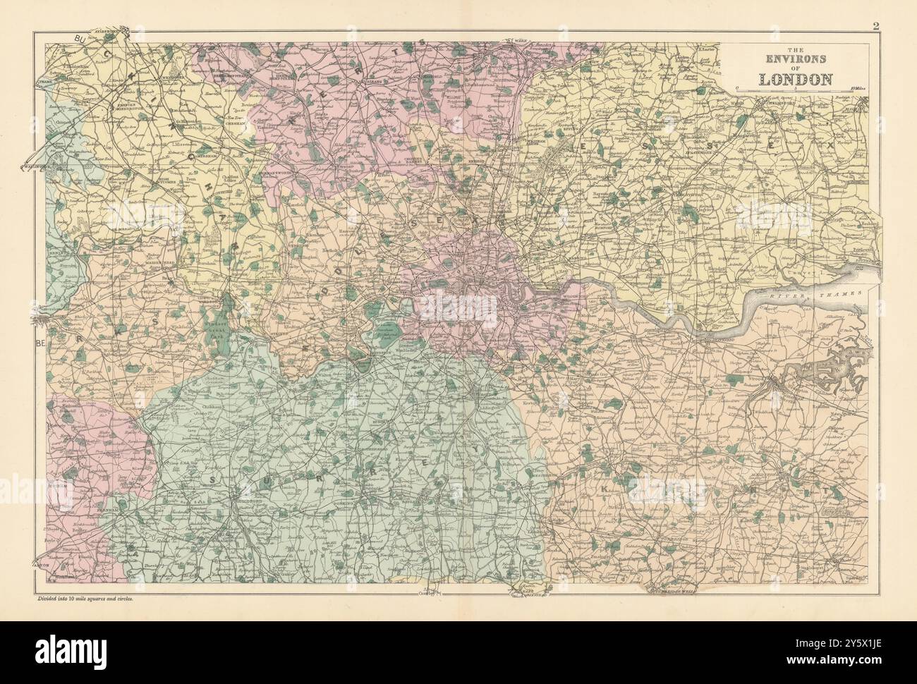 LONDON ENVIRONS. Home counties. Railways & parks. BACON 1895 old antique map Stock Photo - Alamy