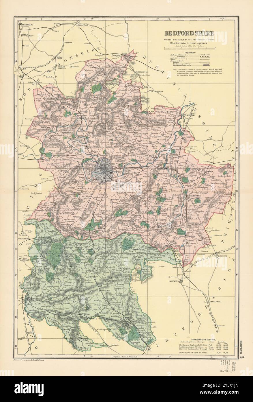 BEDFORDSHIRE antique county map by GW BACON 1895 old plan chart Stock ...