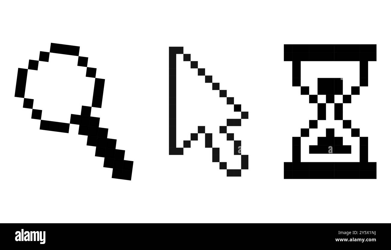 Pixel cursor 8 bit set, search, hourglass and point retro interface. Windows mouse pointer. Sand ...