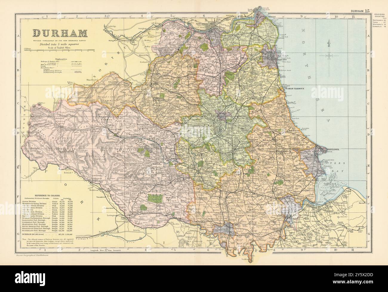DURHAM antique county map by GW BACON 1895 old vintage plan chart Stock ...