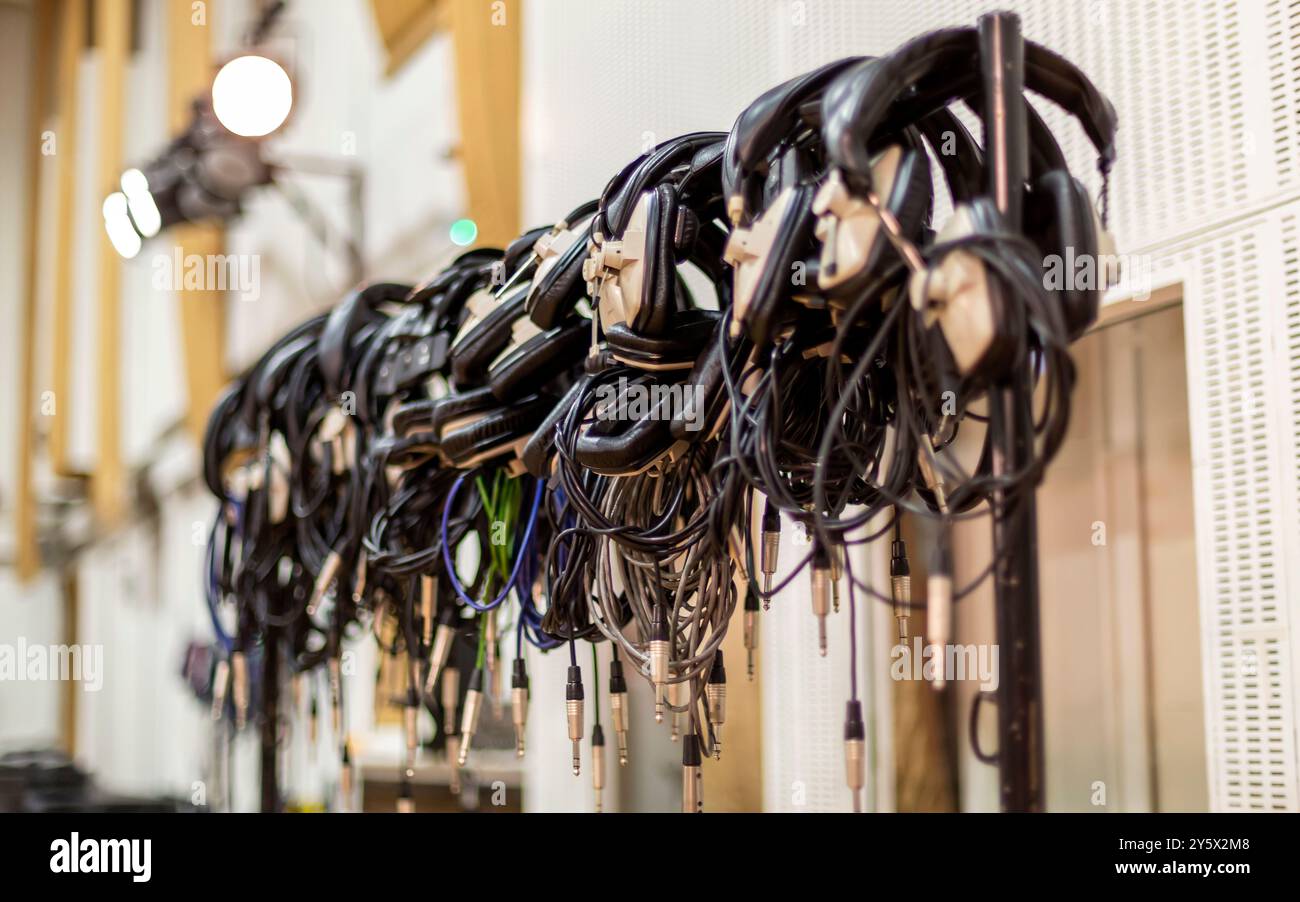 A collection of black horse bridles hangs neatly on a white wall ...