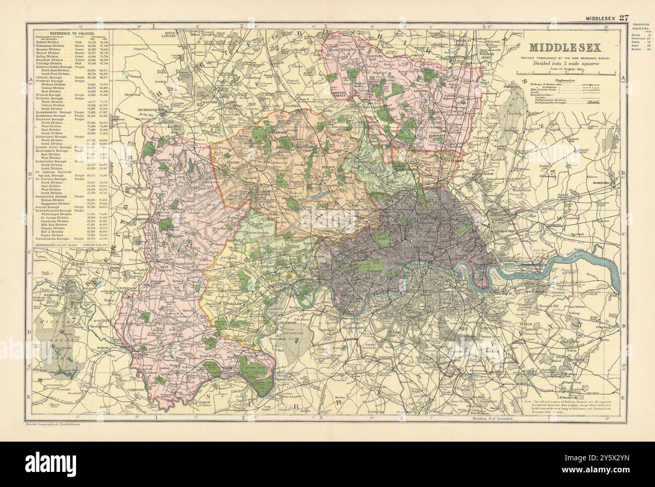 MIDDLESEX antique county map by GW BACON 1895 old plan chart Stock ...