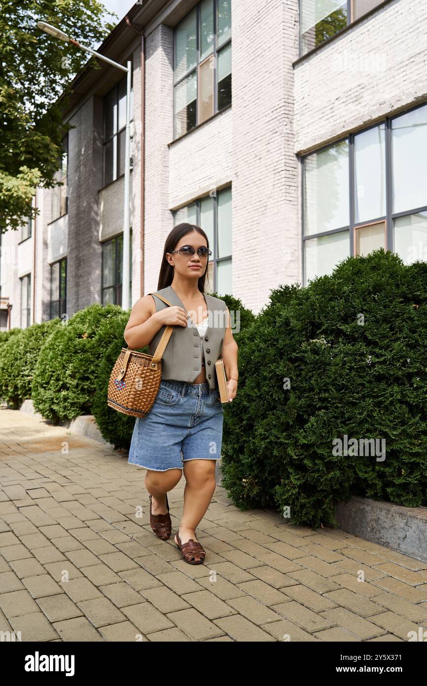A young brunette woman with short stature strolls along a sunny pathway ...