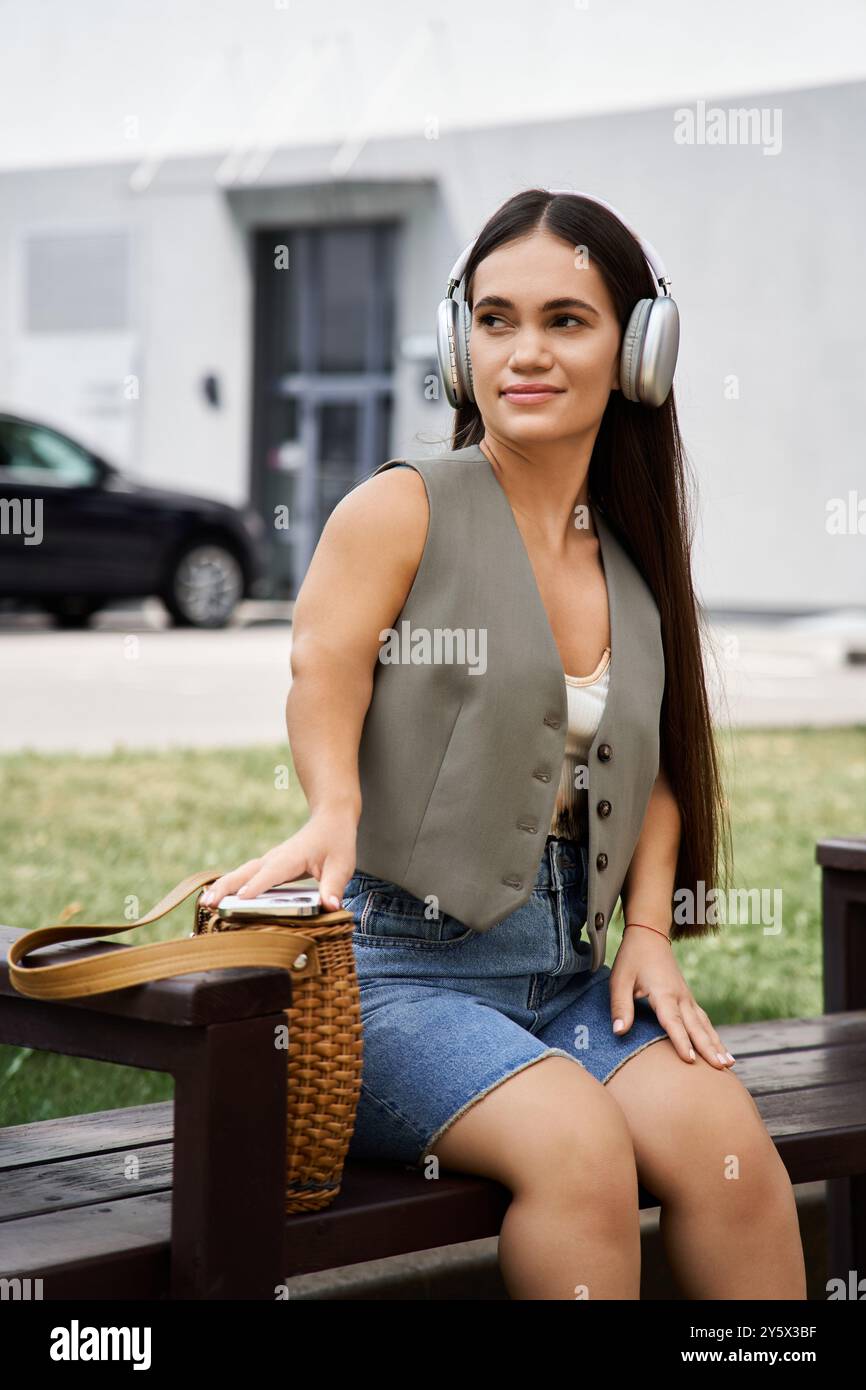 A young brunette woman with short stature relaxes outside, wearing ...