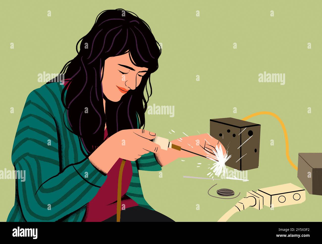 Woman soldering a component, with sparks flying from the soldering iron ...