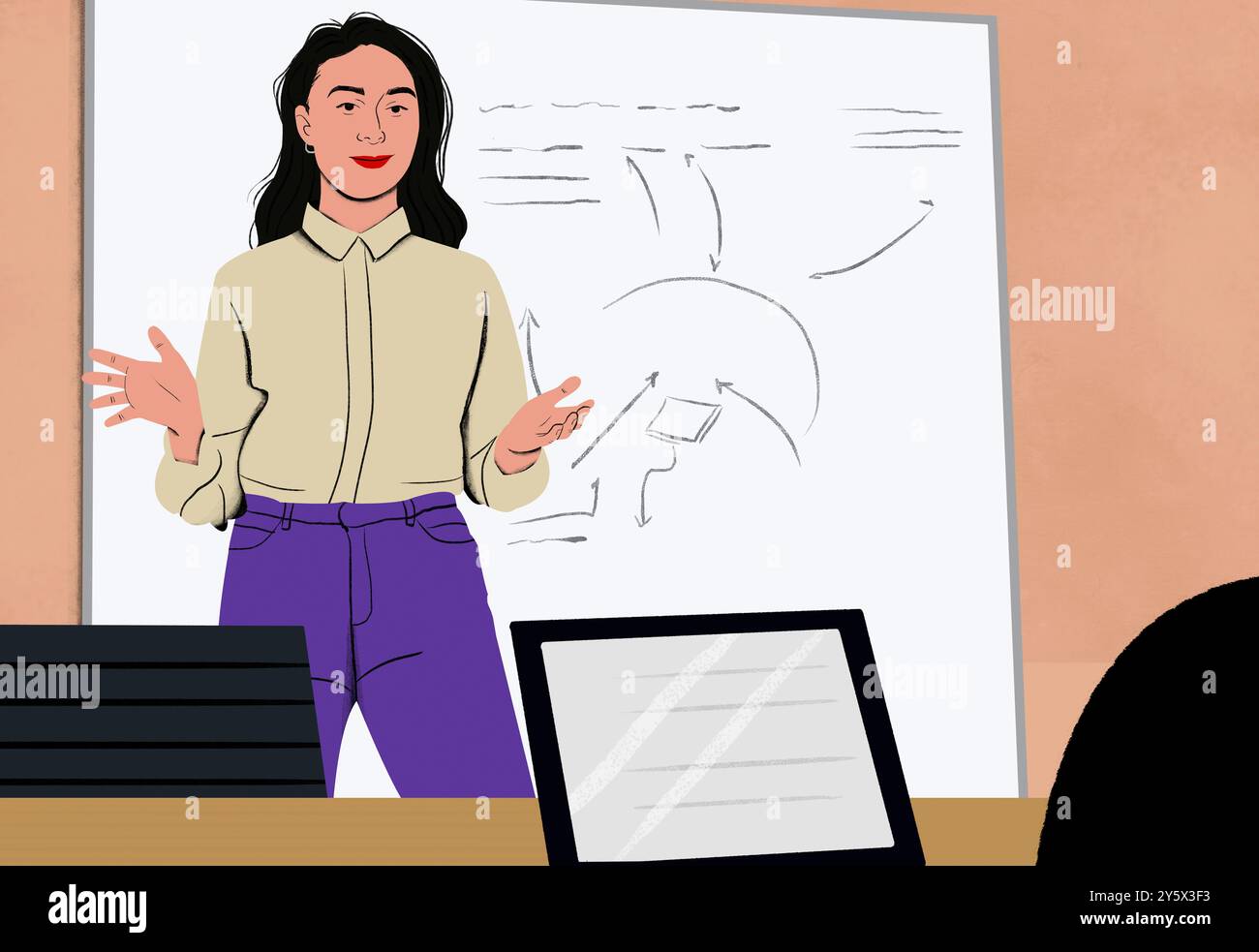 Animated character presenting a diagram of wind power generation in a ...