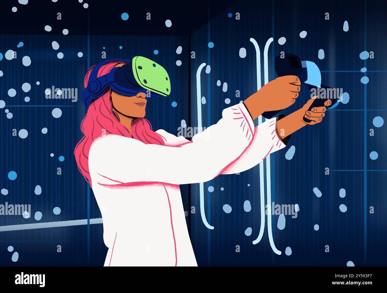 An animated character wearing virtual reality headset immersed in a ...
