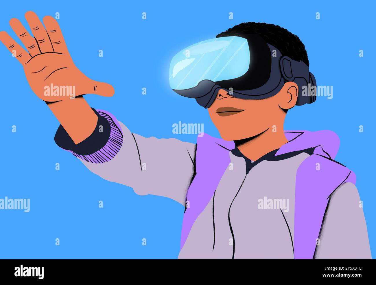 Animated character wearing virtual reality headset reaching out against ...