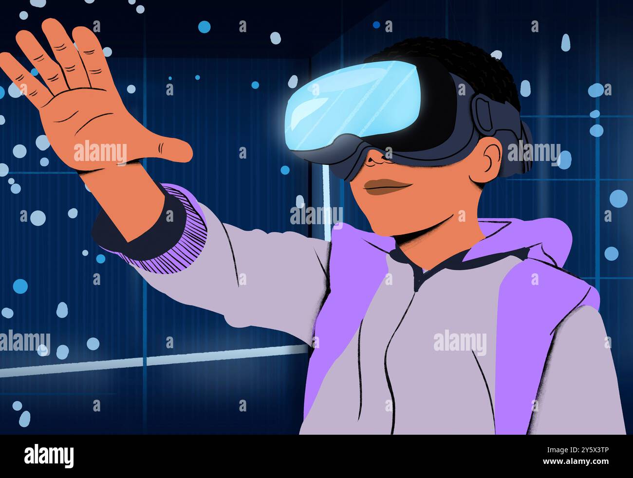 Animated character wearing virtual reality headset reaching out against ...