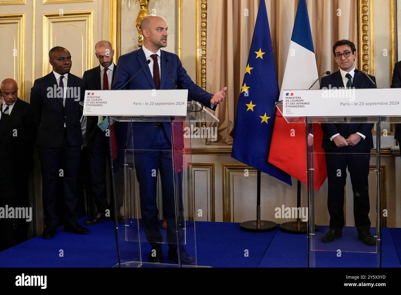 New French Foreign Minister Jean-Noel Barrot, left, and outgoing ...