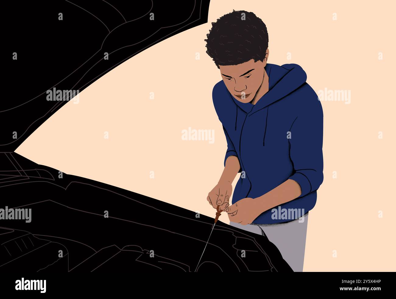 A young man checking under the hood of a car with a focused expression Stock Photo - Alamy