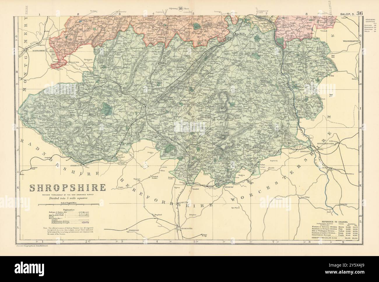 SHROPSHIRE (South) antique county map by GW BACON 1895 old chart Stock ...