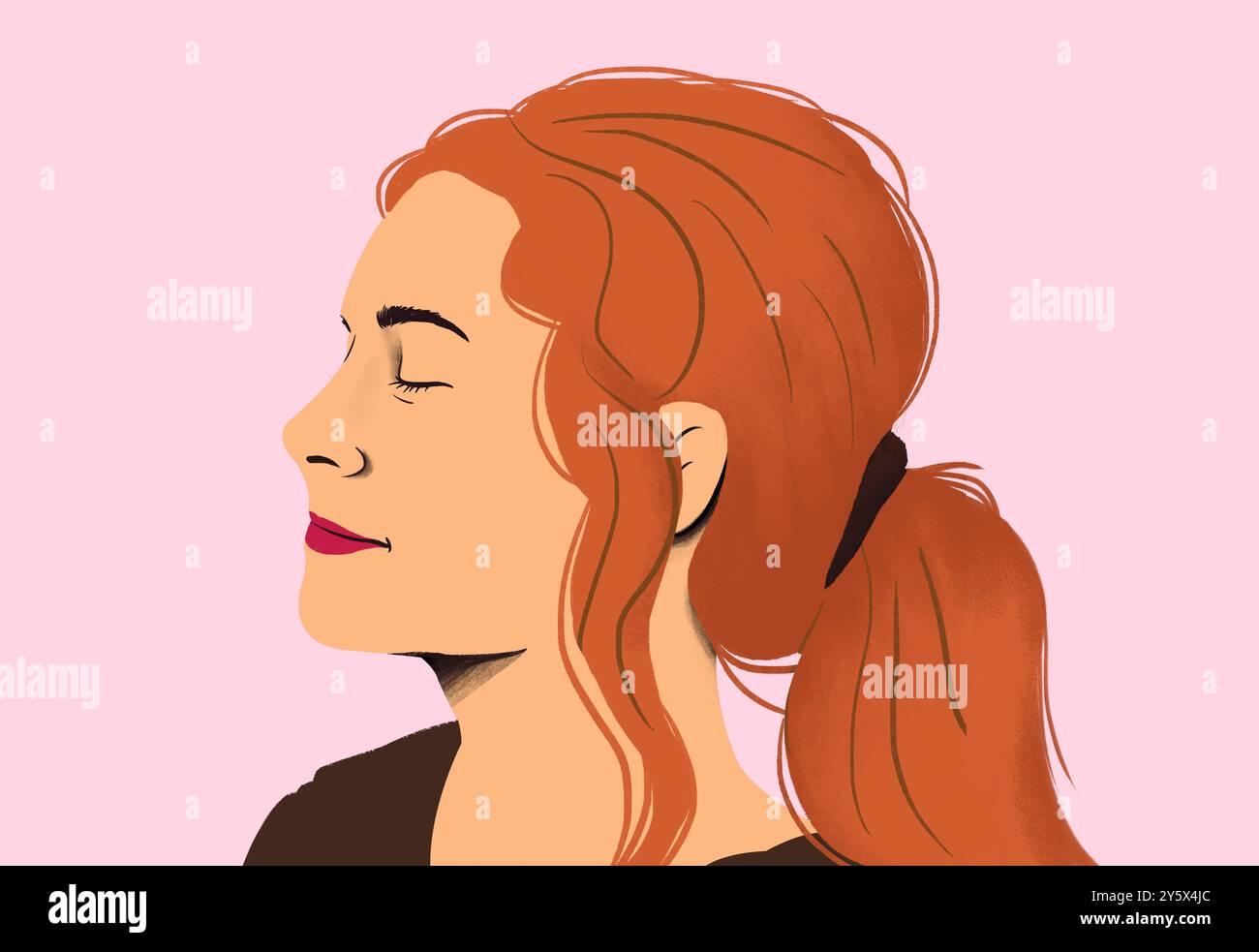 Side profile of a woman with red hair in a ponytail against a pink ...
