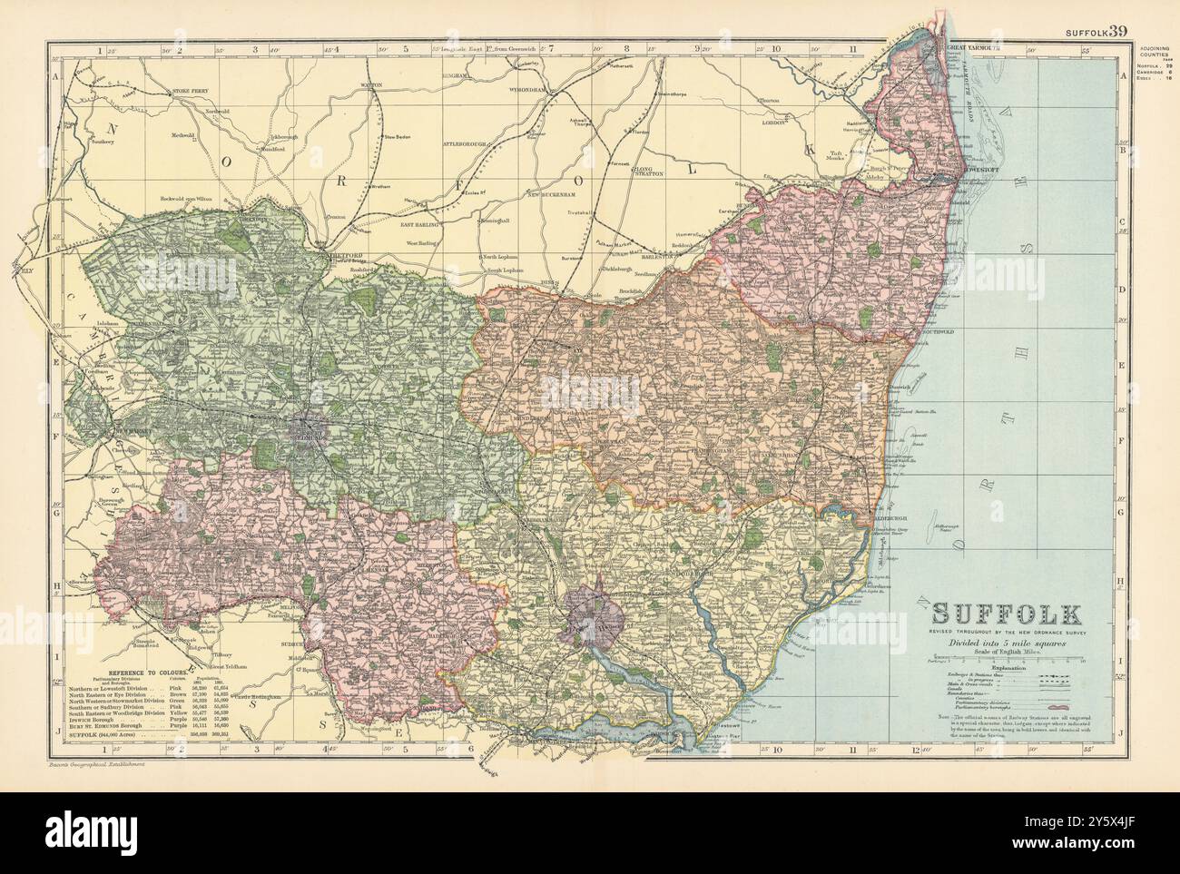 SUFFOLK antique county map by GW BACON 1895 old vintage plan chart ...