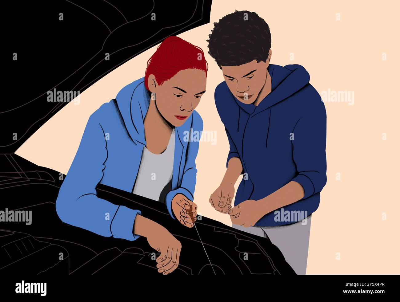 Two young adults are examining a car engine together, focusing intently ...
