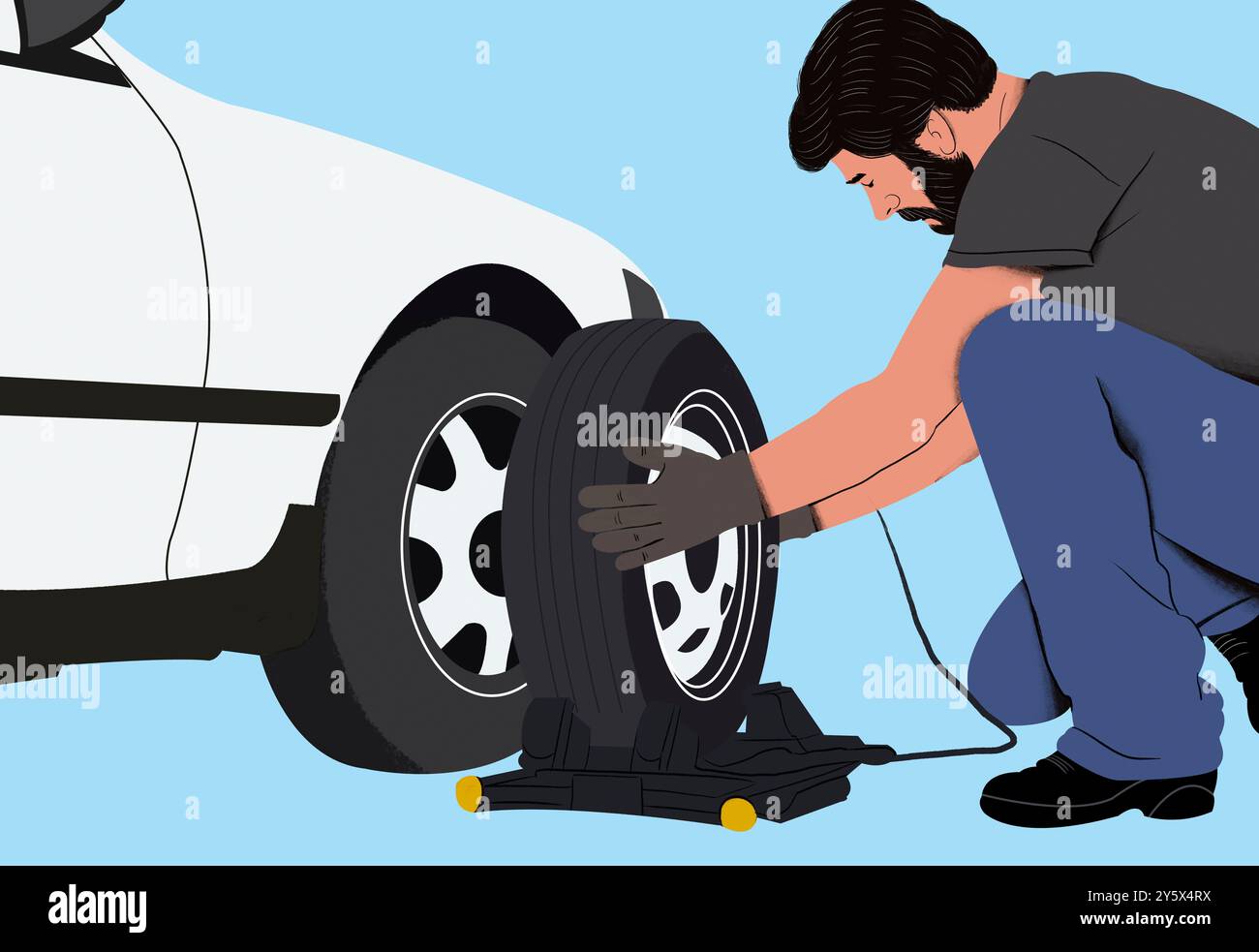 Man changing a tire on a white car Stock Photo - Alamy