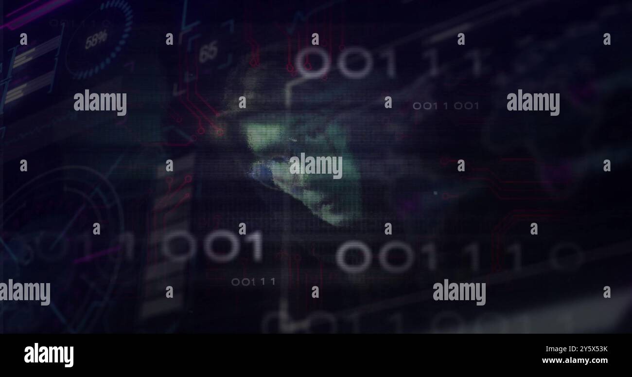 Image of digital data processing with binary coding and asian male hacker Stock Photo - Alamy