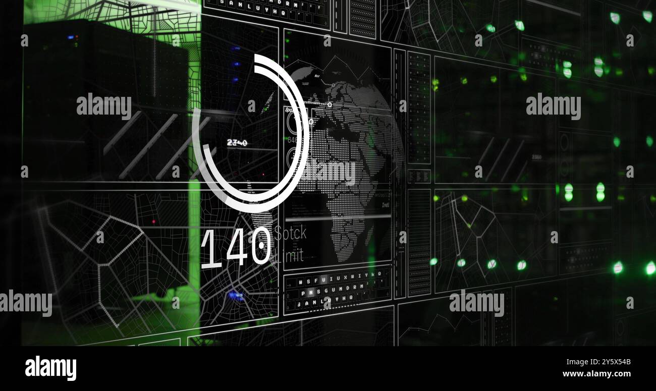 Digital data visualization over world map and graphs, futuristic ...
