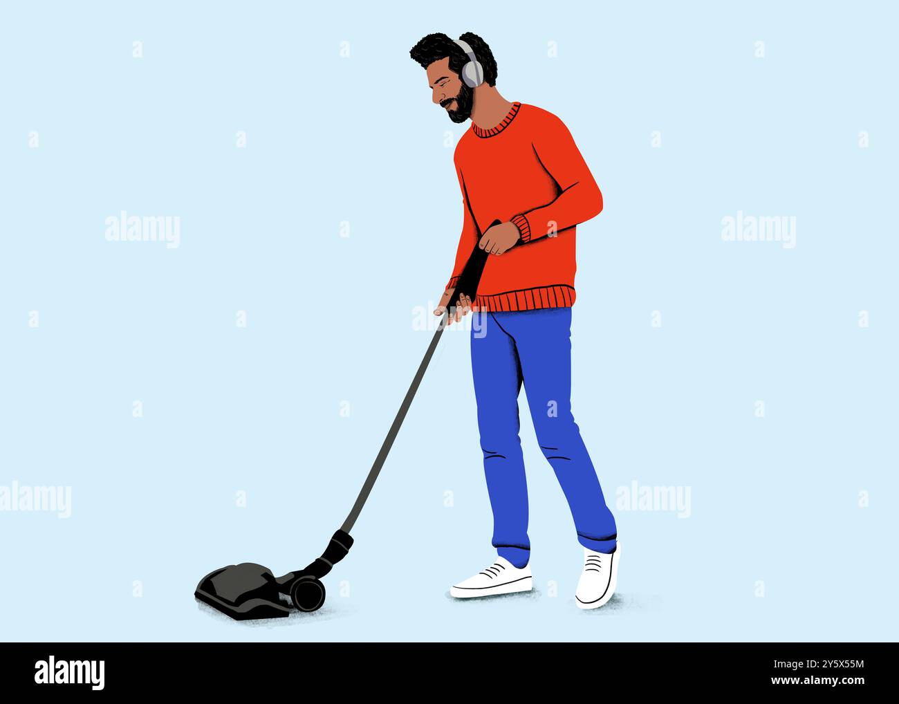Man in a red sweater and blue jeans vacuuming the floor with a black ...