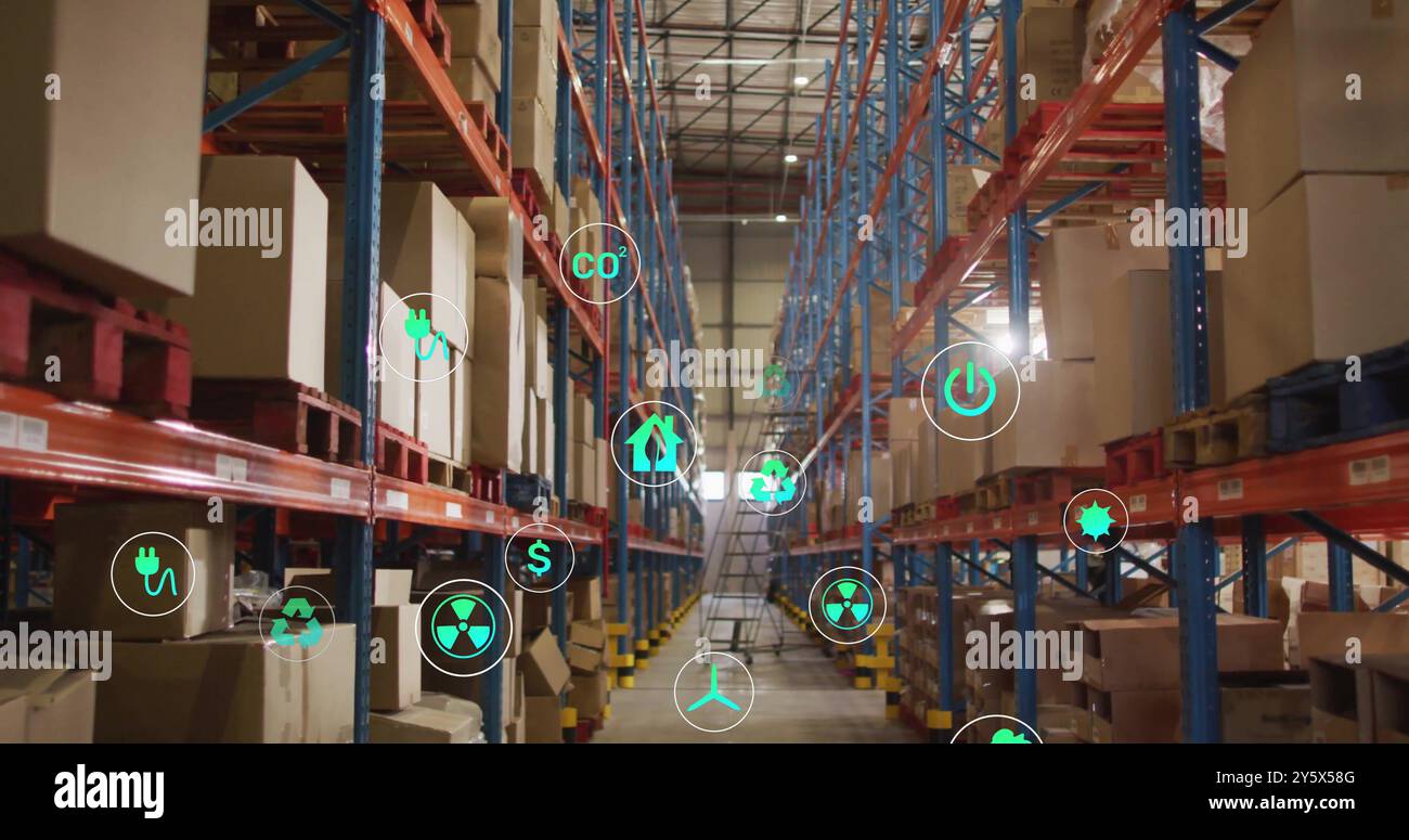 Image of ecology icons over warehouse Stock Photo - Alamy