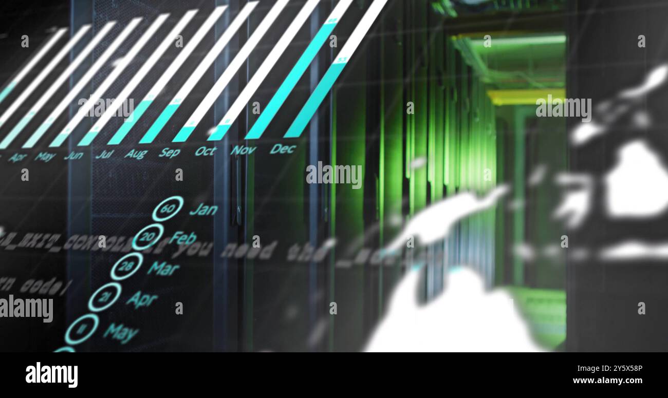 Data processing image over server racks in dimly lit data center Stock ...