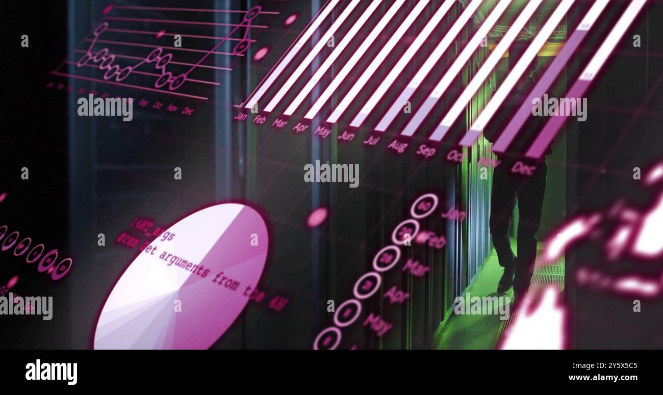 Data processing image over server racks in dimly lit data center Stock Photo - Alamy