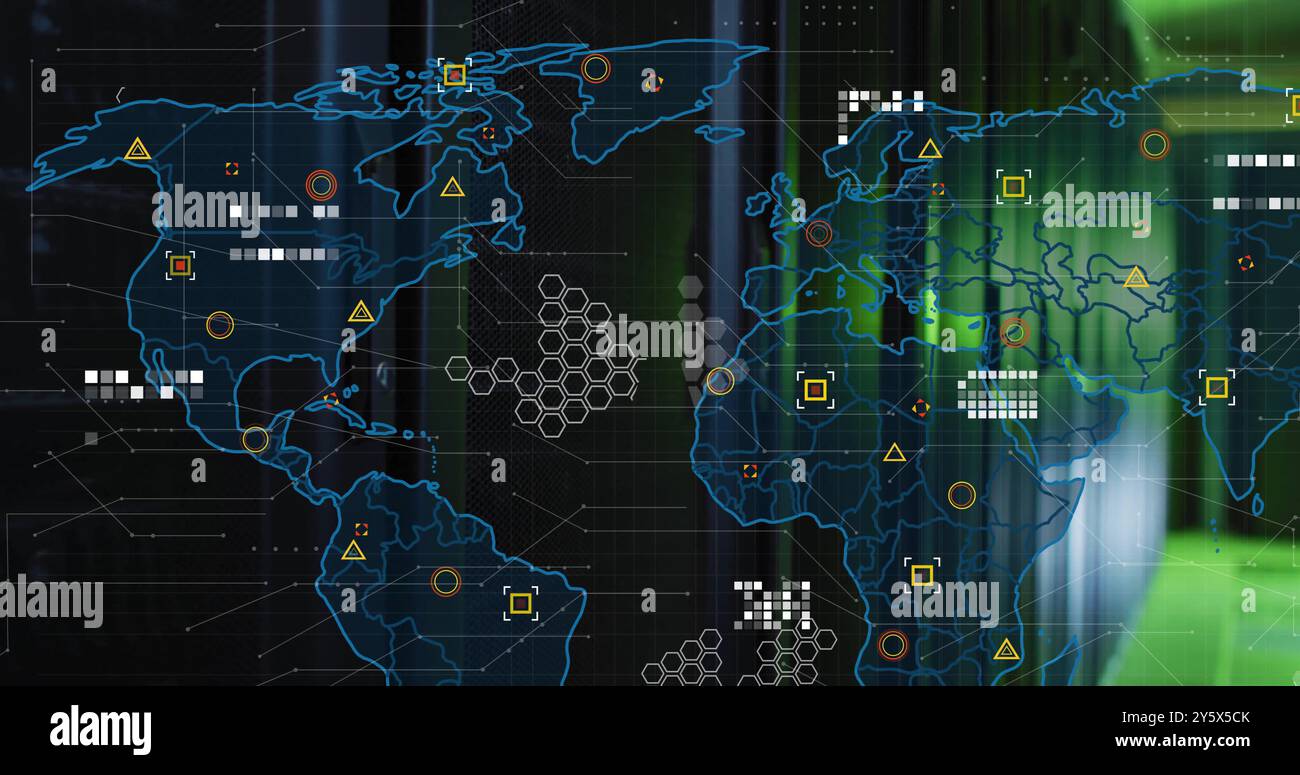 World map with data points and network connections image over green-lit ...