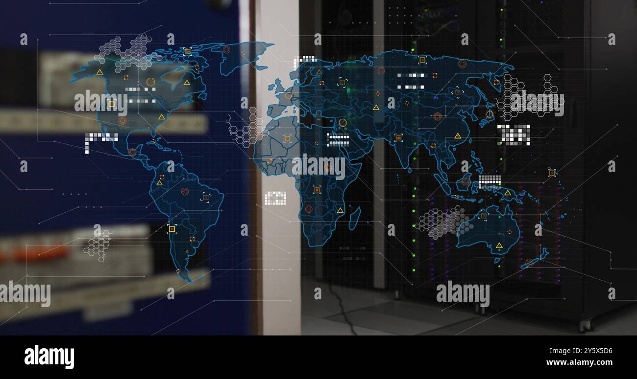 World map with data points and network connections image over server ...