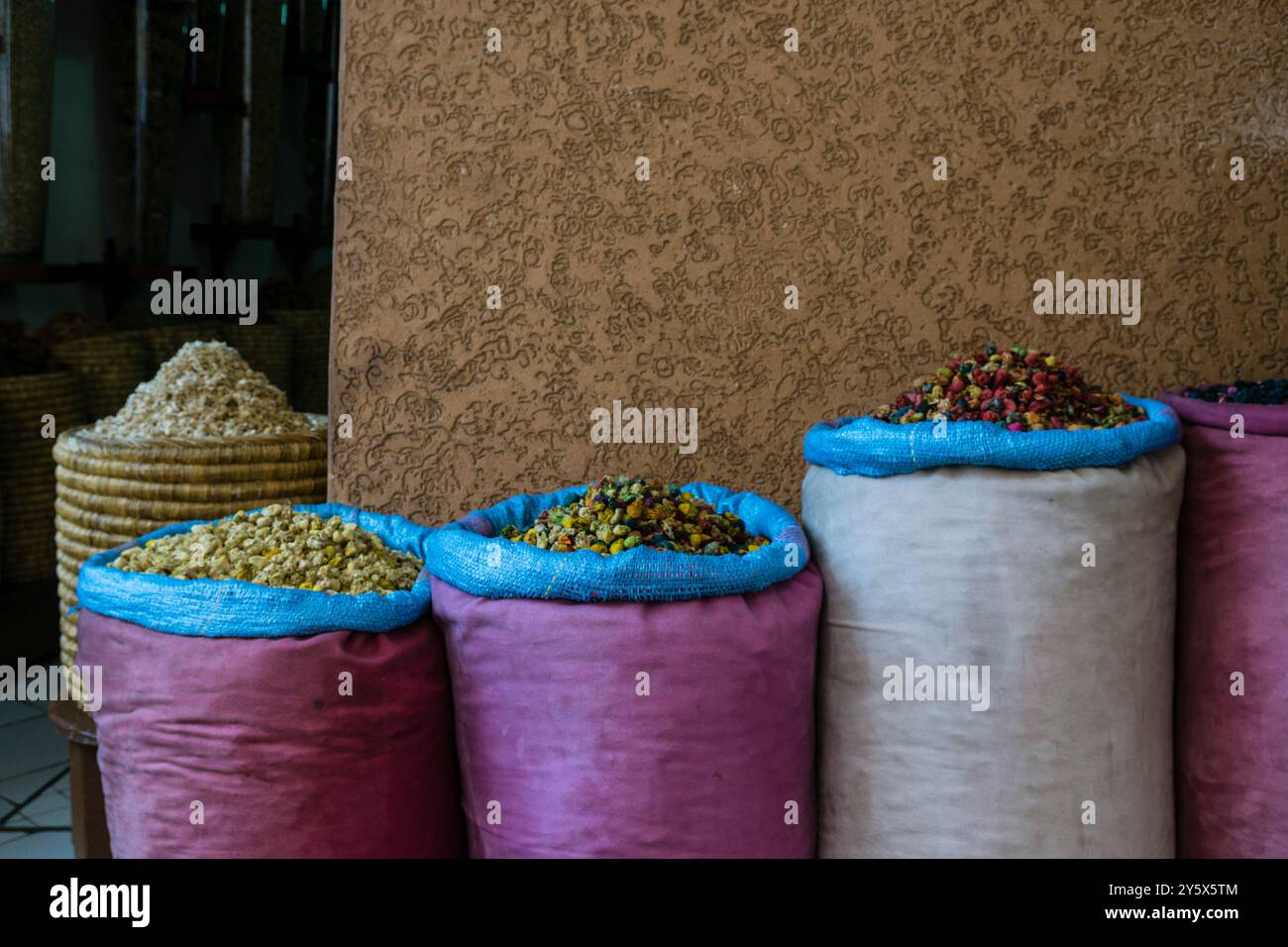 dried flowers in a perfumery, souk of Marrakech, Morocco, north of ...