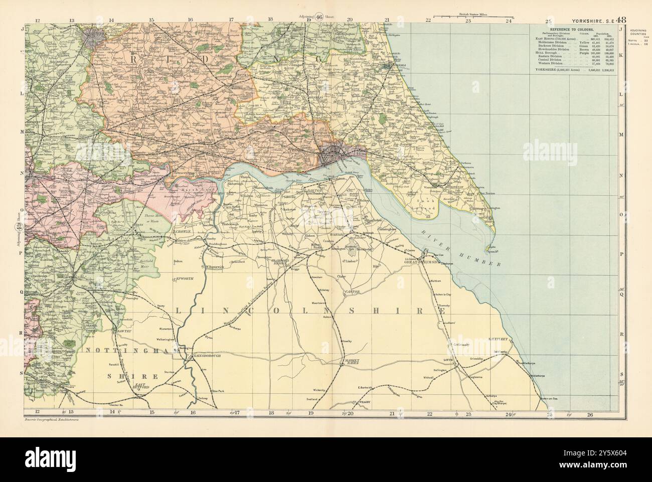 YORKSHIRE (South East) Hull York antique county map by GW BACON 1895 ...
