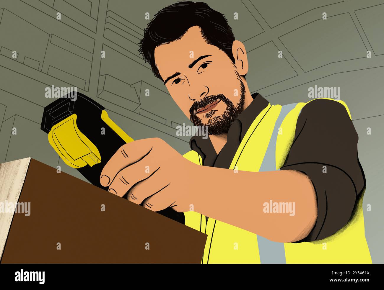 Illustrated construction worker in a yellow vest using a tape measure ...