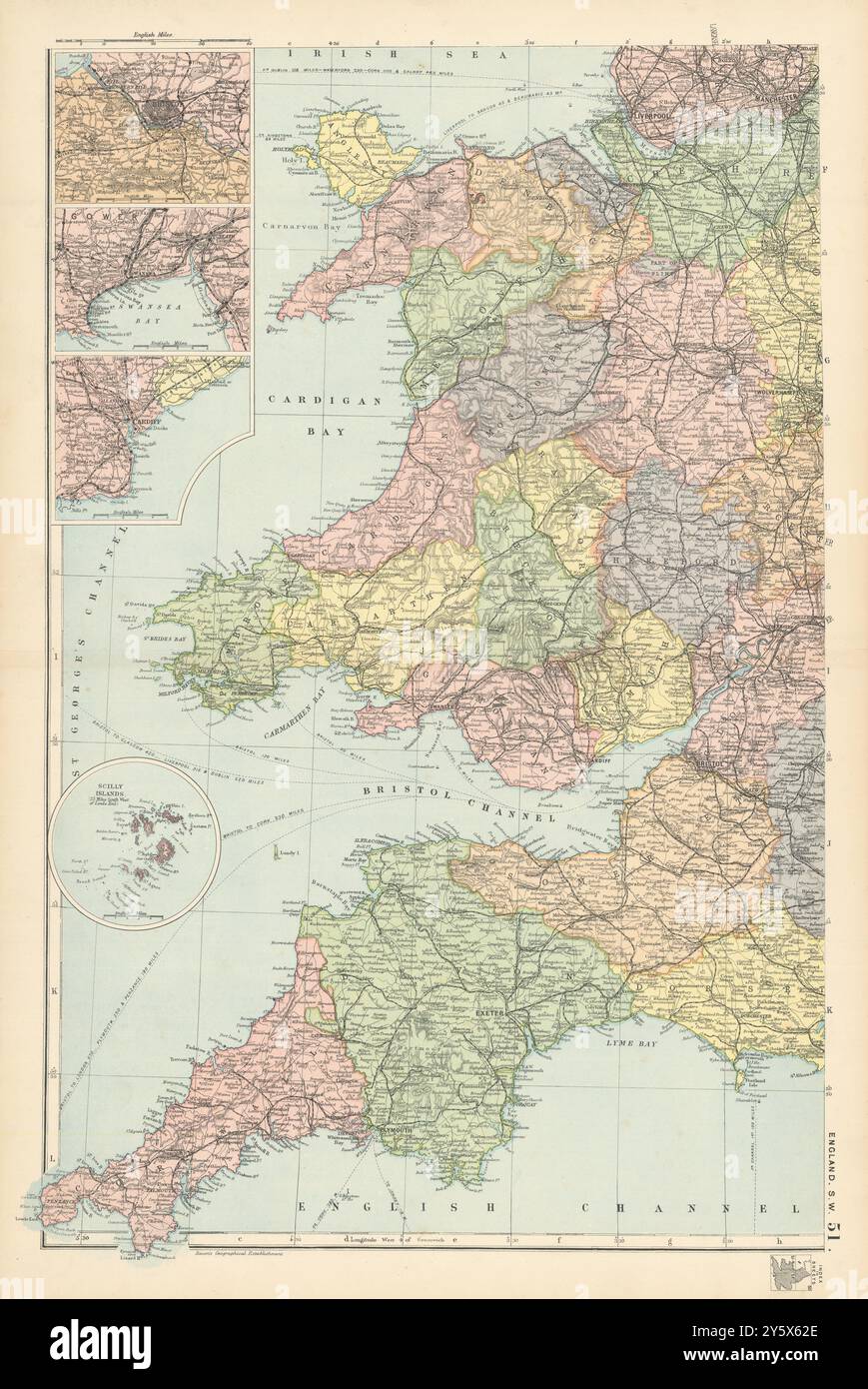 ENGLAND SOUTH WEST/WALES. Bristol Swansea Cardiff. Railways. BACON 1895 ...