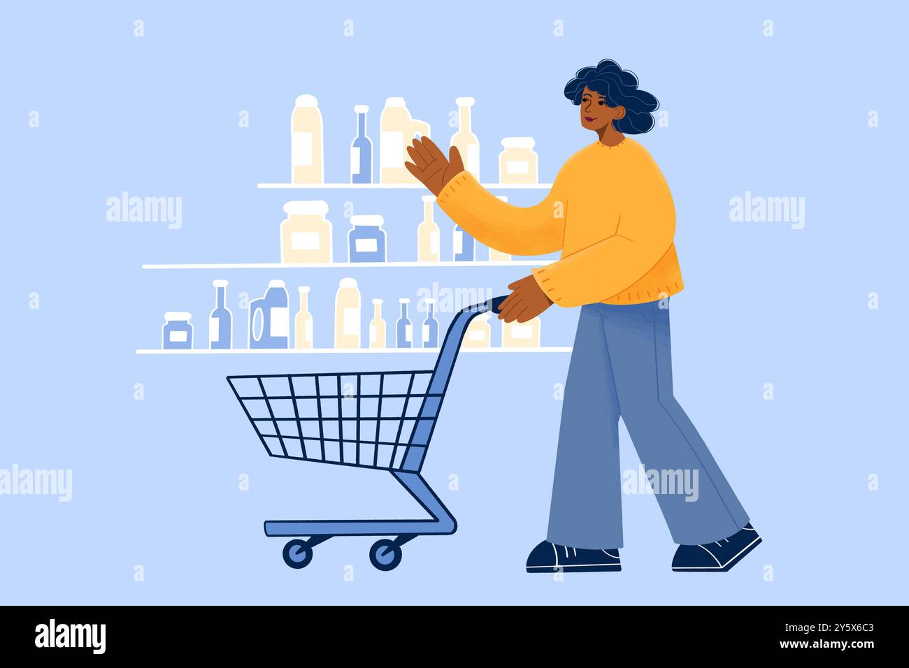 Adult with a shopping cart selecting products from a grocery shelf ...