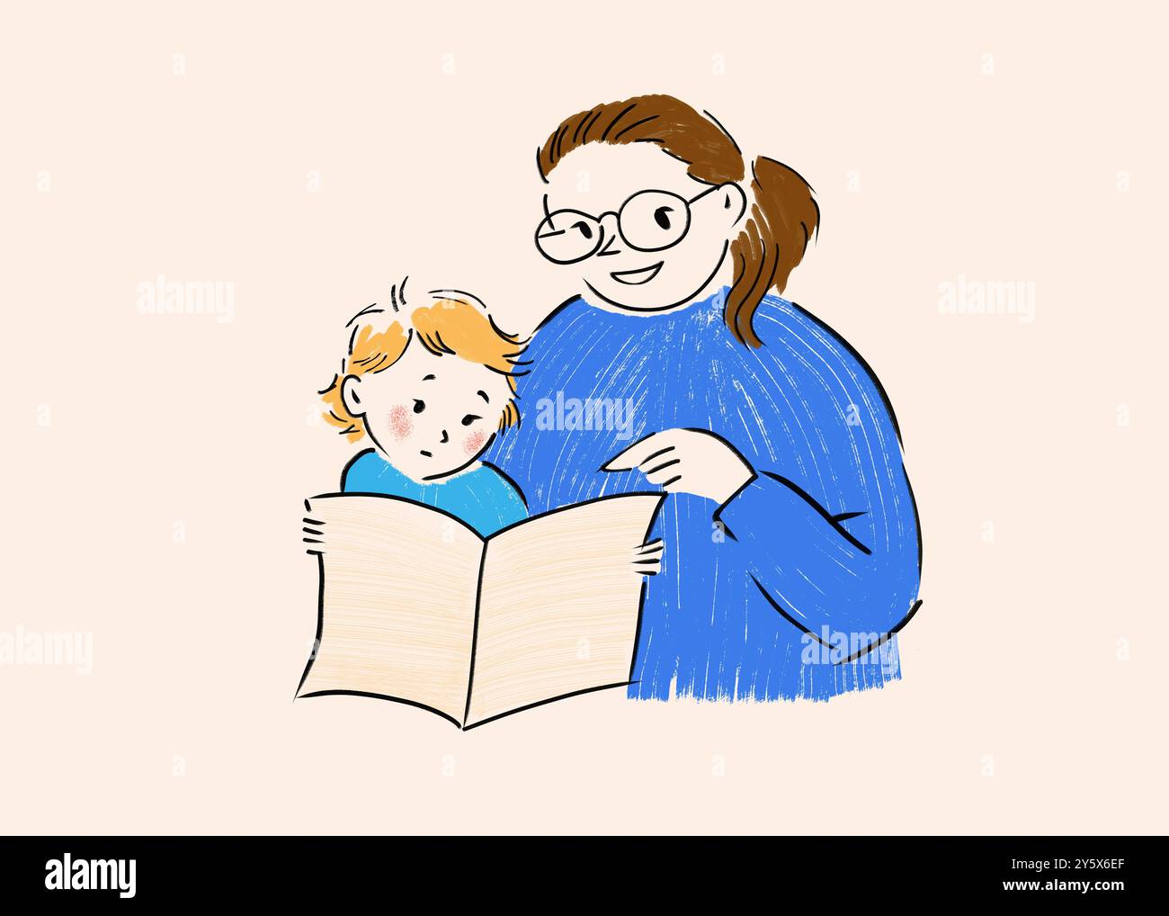 Mother reading a book with her young child, sharing a moment of ...