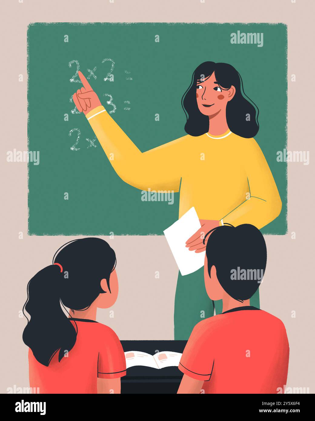 Illustrated teacher explaining lesson to two attentive students in ...