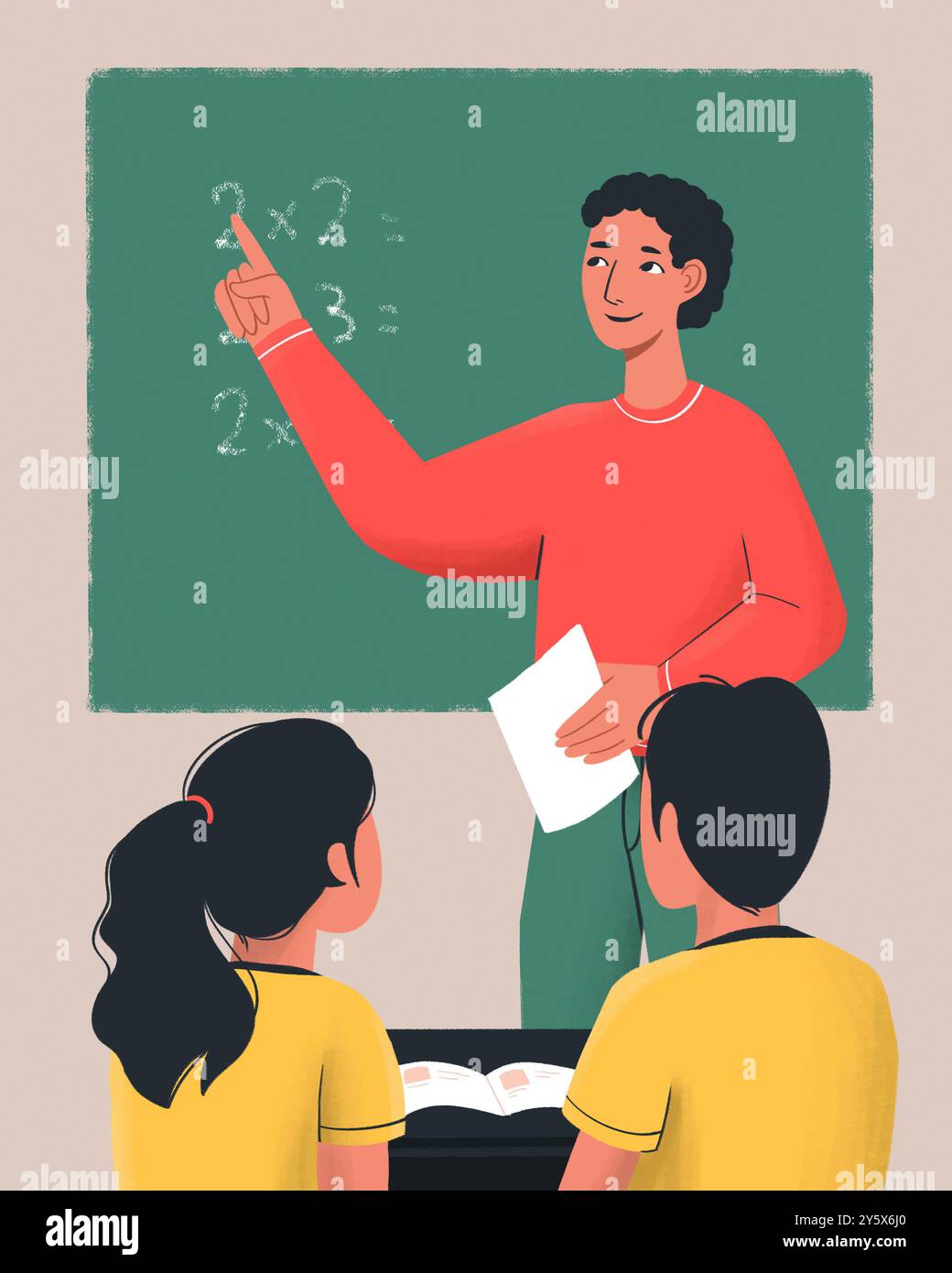 Teacher stands by a chalkboard explaining a math problem to attentive students in a classroom ...