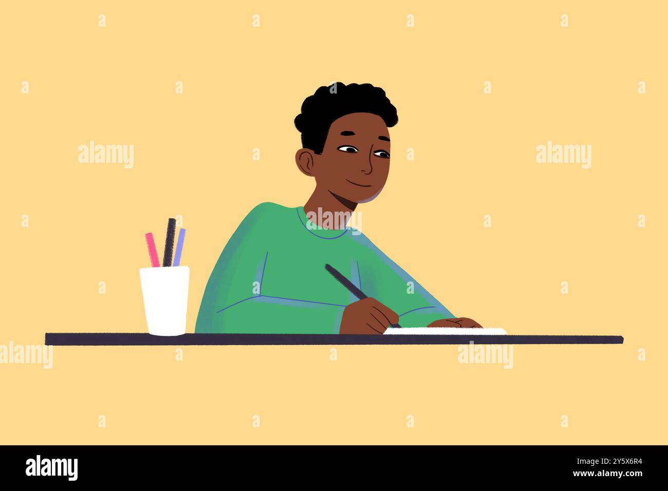 Illustration of a young person writing in a notebook with a cup of ...