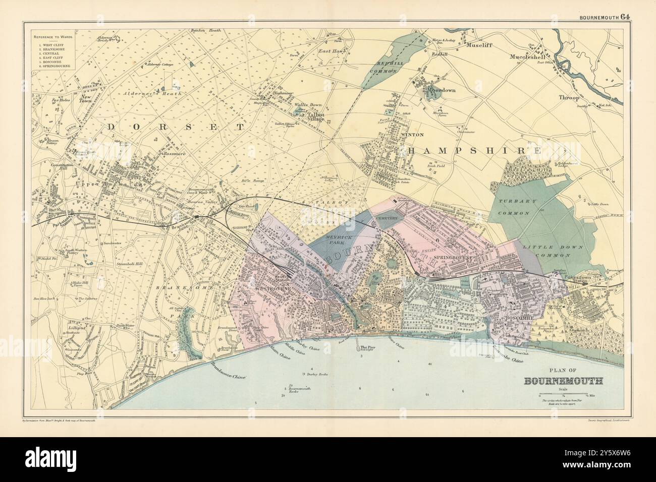 BOURNEMOUTH town city plan. Westbourne Springbourne Boscombe BACON 1895 ...