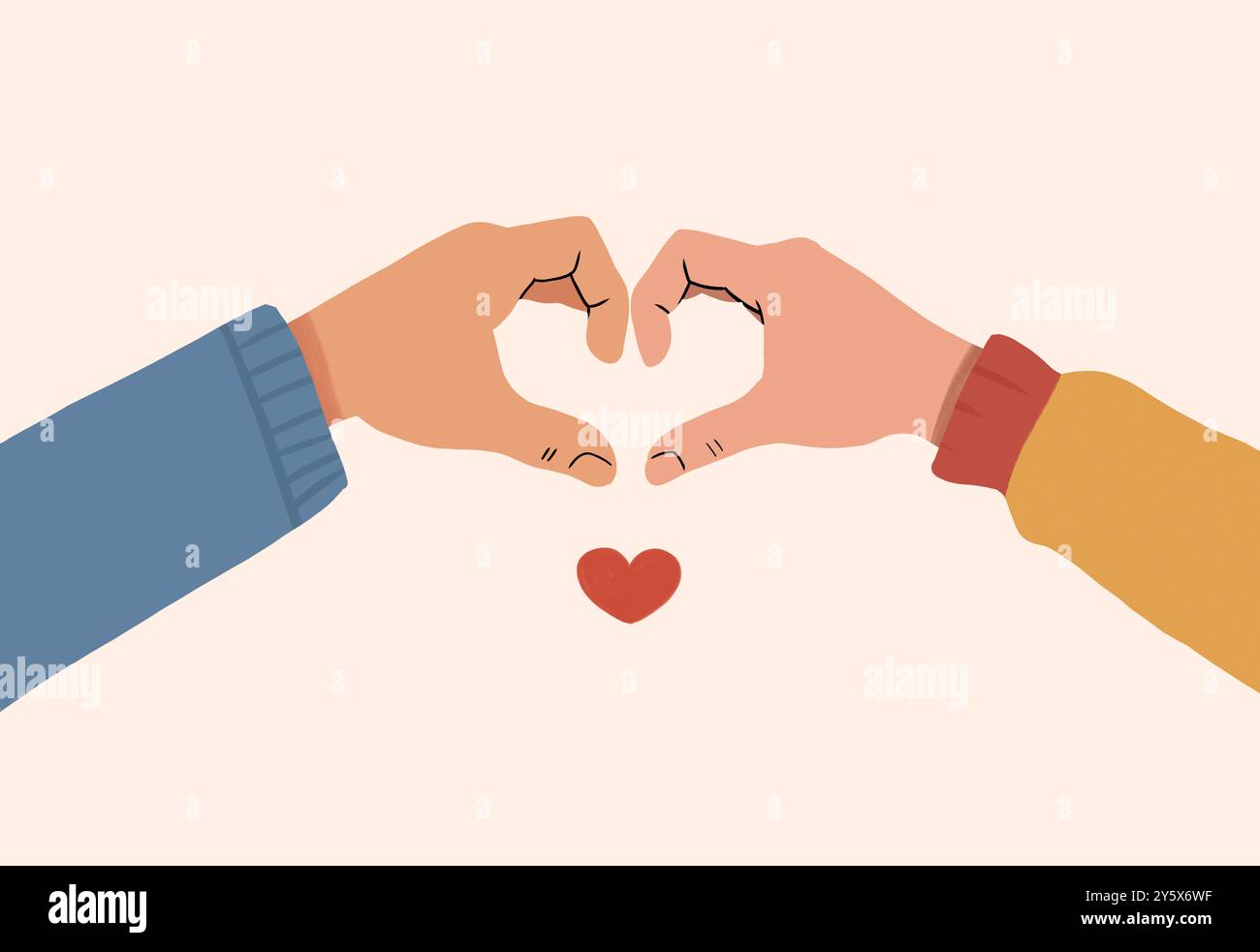Two hands forming a heart shape above a small red heart on a cream ...